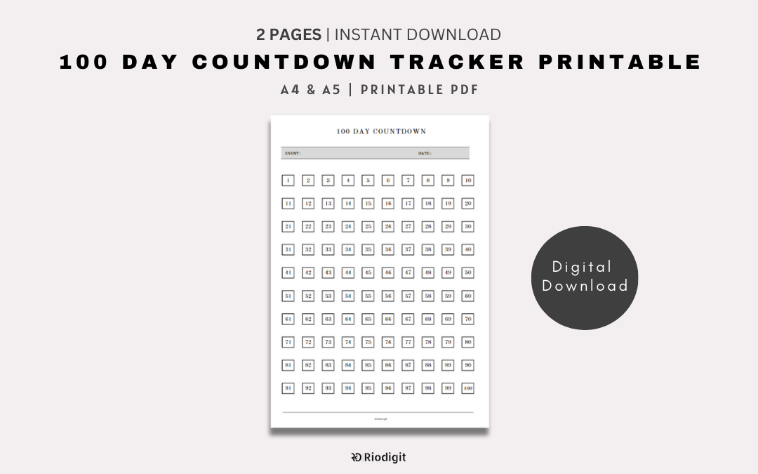 100 Day Countdown Tracker Printable - Riodigit: Design assets ...