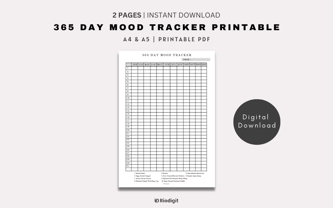 365 Day Mood Tracker Printable - Riodigit: Design assets Printables ...