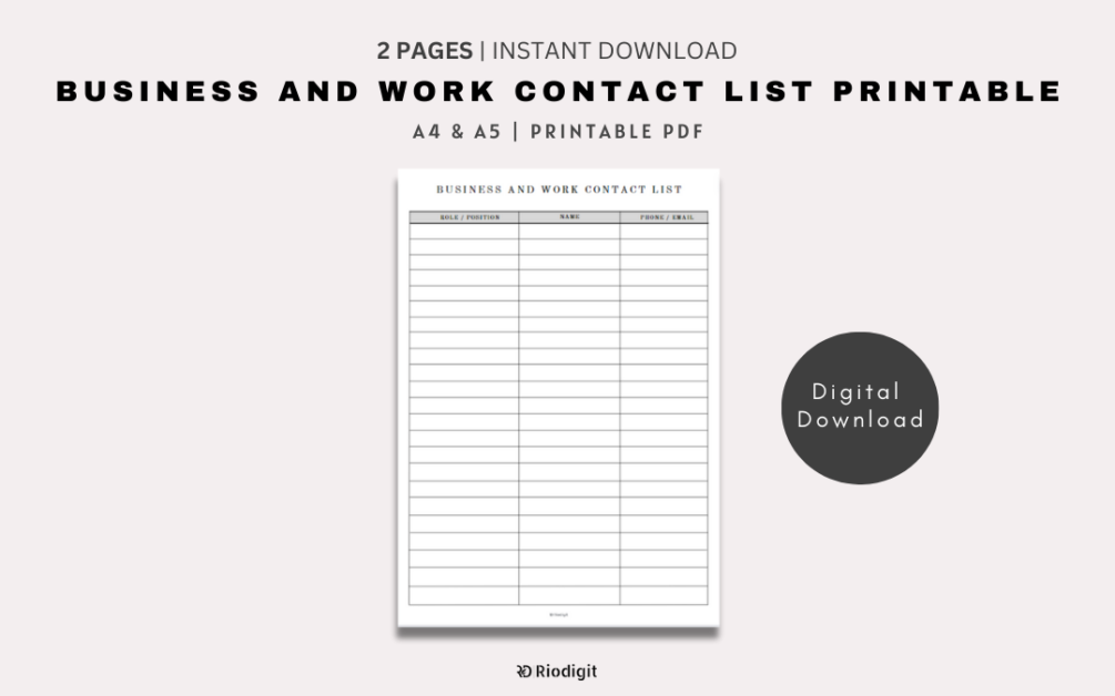 Business and Work Contact List Printable - Riodigit: Design assets ...